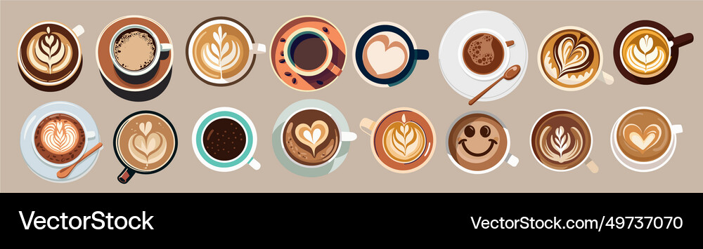 Set of different coffee cups top view Royalty Free Vector