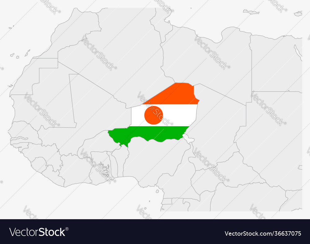 Niger map highlighted in flag colors Royalty Free Vector