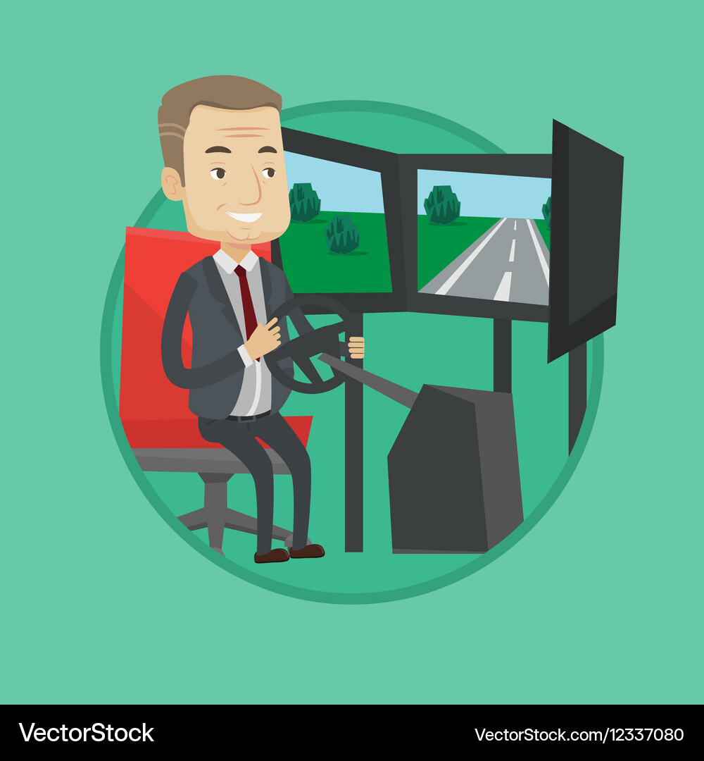 Man playing video game with gaming wheel Vector Image