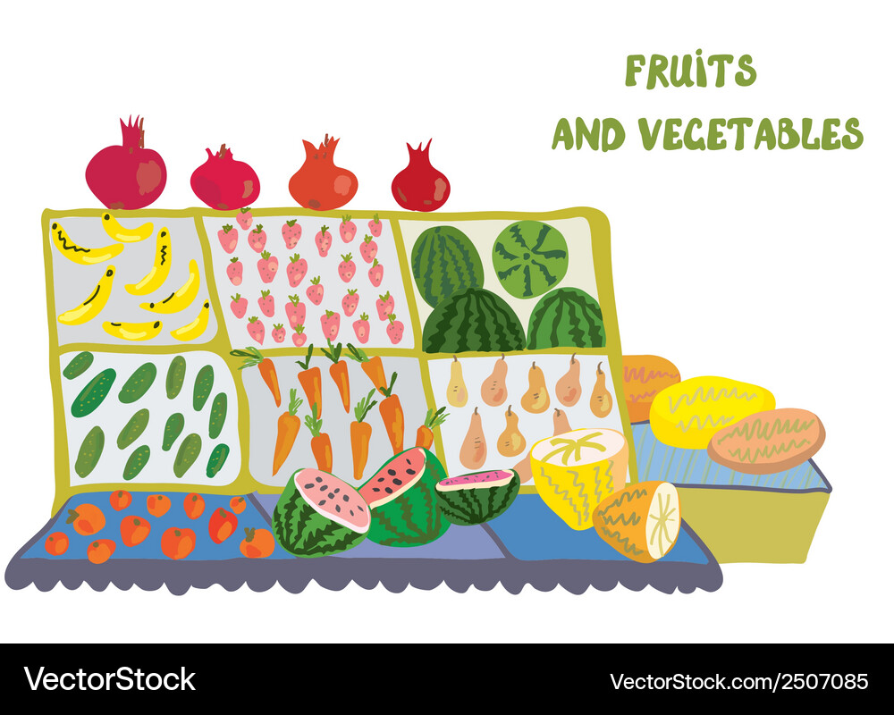Fruits and vegetables market counter Royalty Free Vector