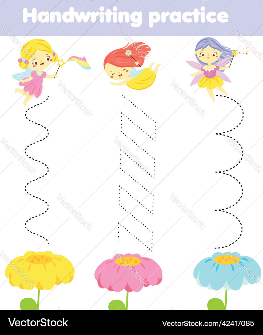 Handwriting practice sheet with cute flying fairy Vector Image