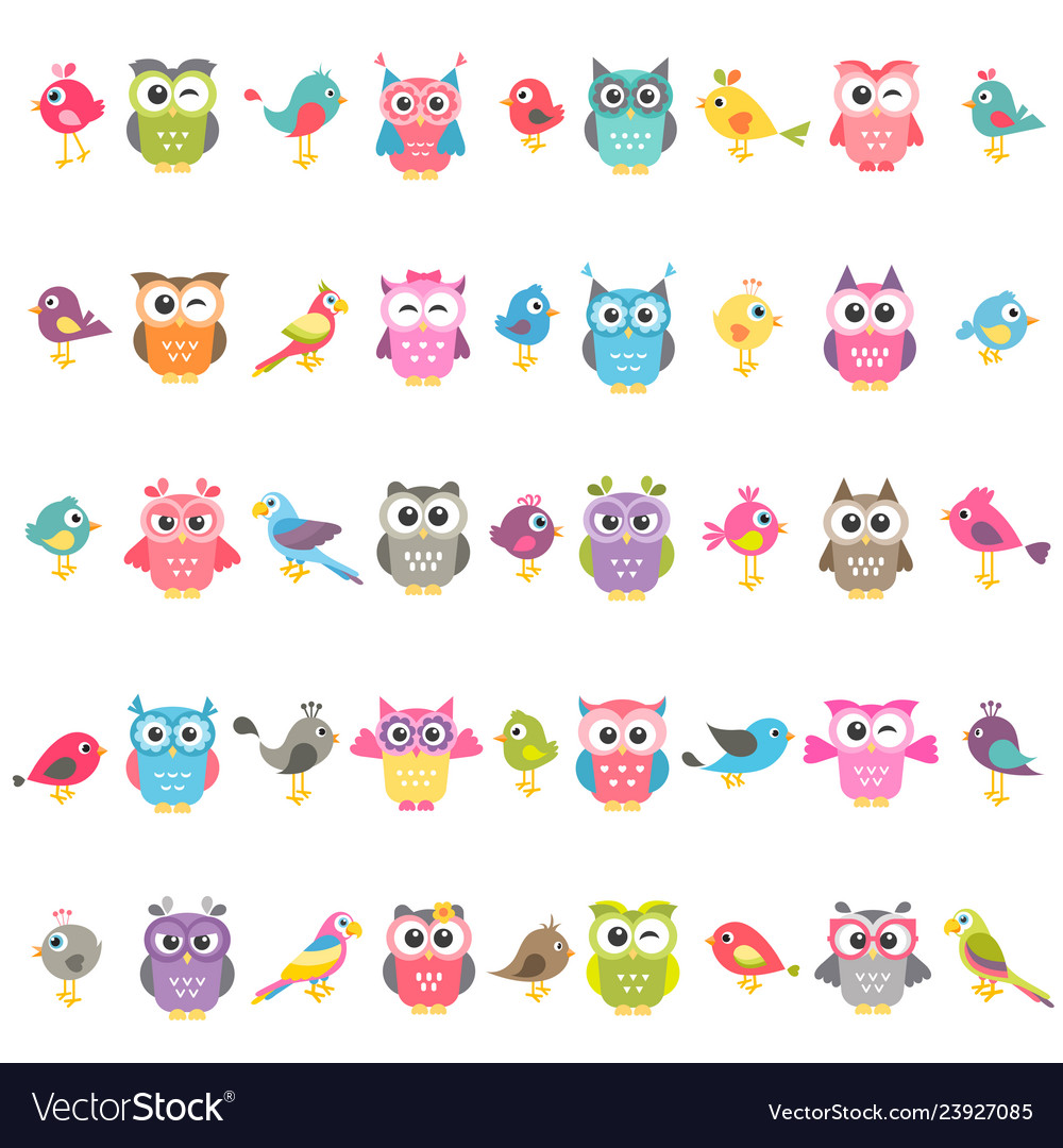 Set birds and owls isolated on white Royalty Free Vector