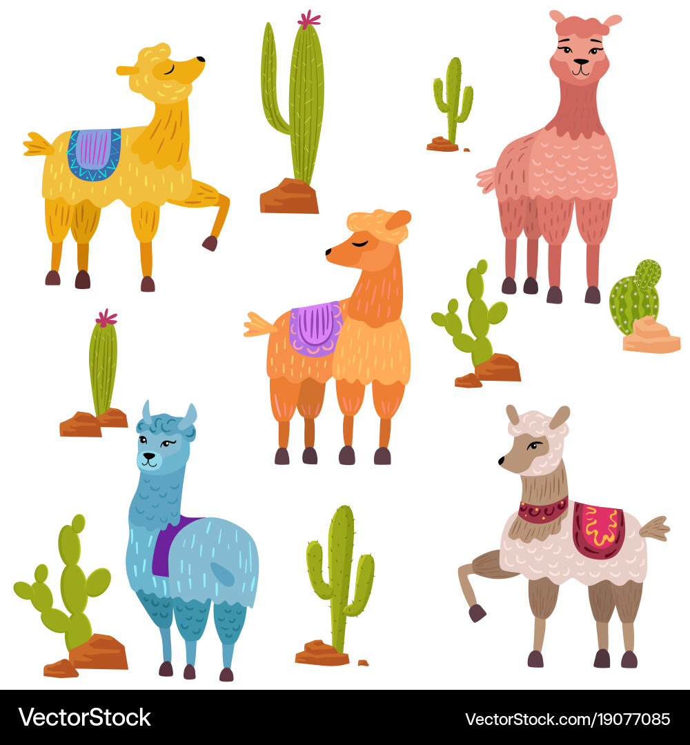 Set cute cartoon lamas characters Royalty Free Vector Image