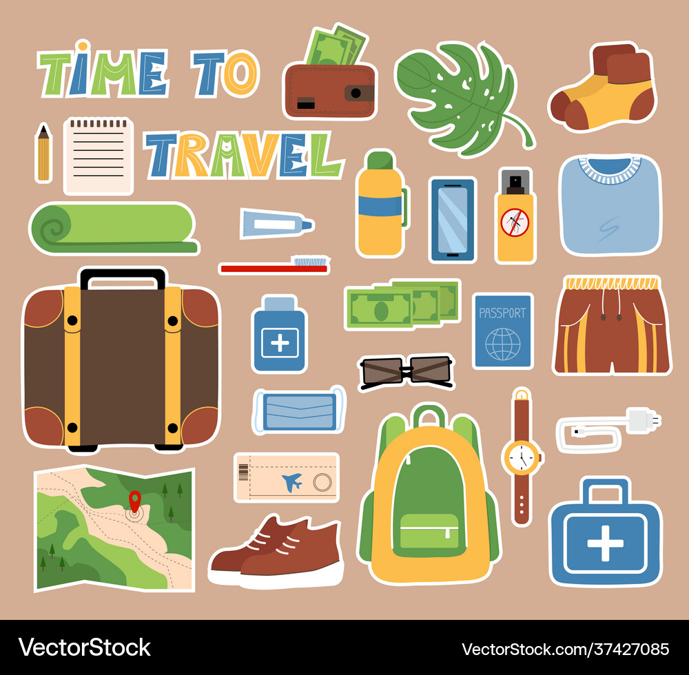 Set tourist things stickers for keeping a diary Vector Image