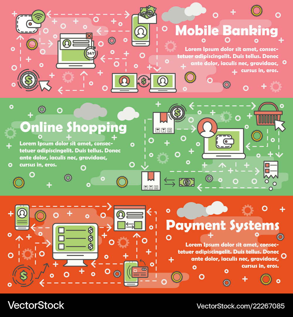 Thin line art mobile banking web banner set Vector Image