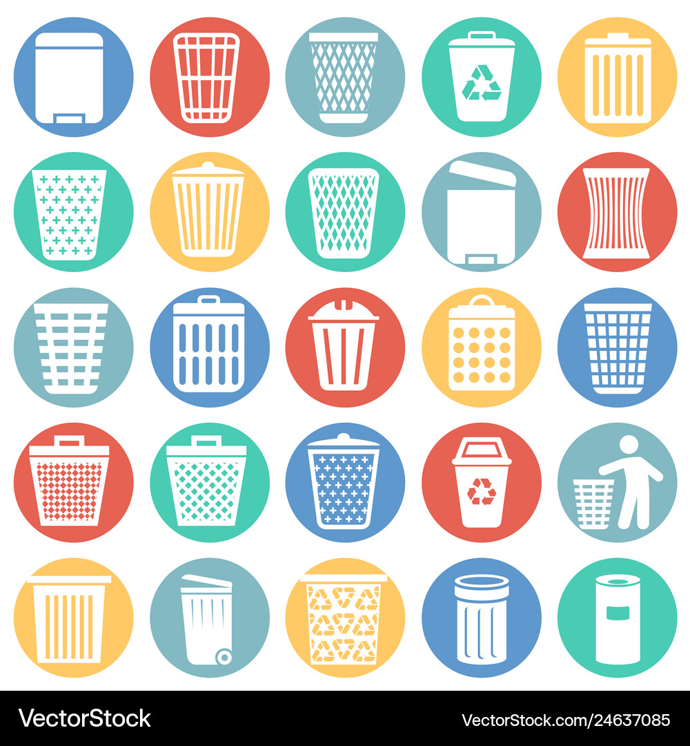 Trash bin icons set on color circles white Vector Image