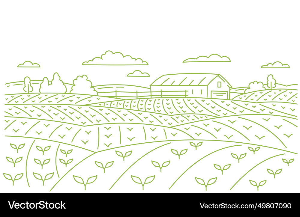 Landscape field panorama young shoot farm barn Vector Image