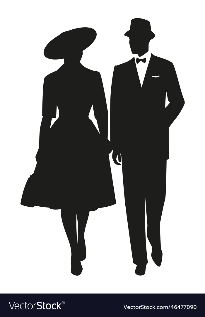 Walking couple silhouettes wearing retro style Vector Image