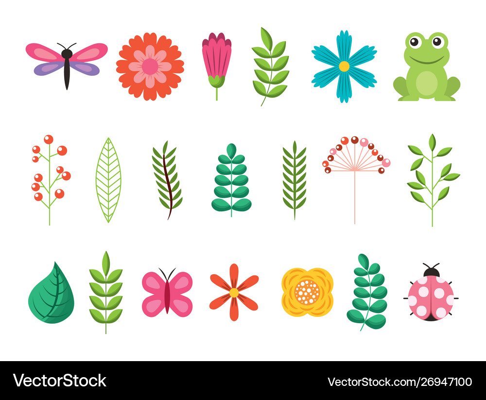 Bundle flowers with leafs and animals garden Vector Image