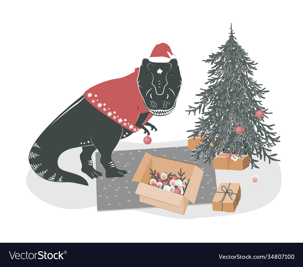 Cute yound t rex dinosaur decorating christmas Vector Image