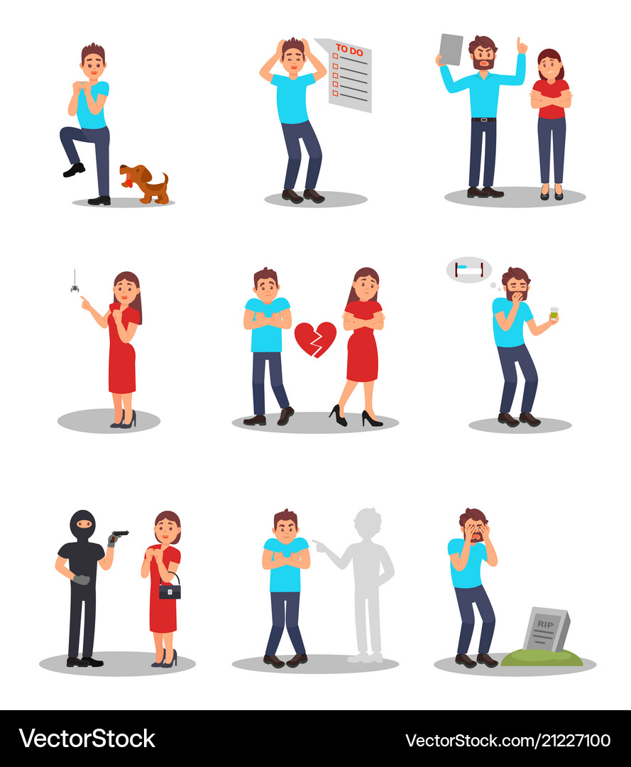 Flat set of people in various stressed Royalty Free Vector