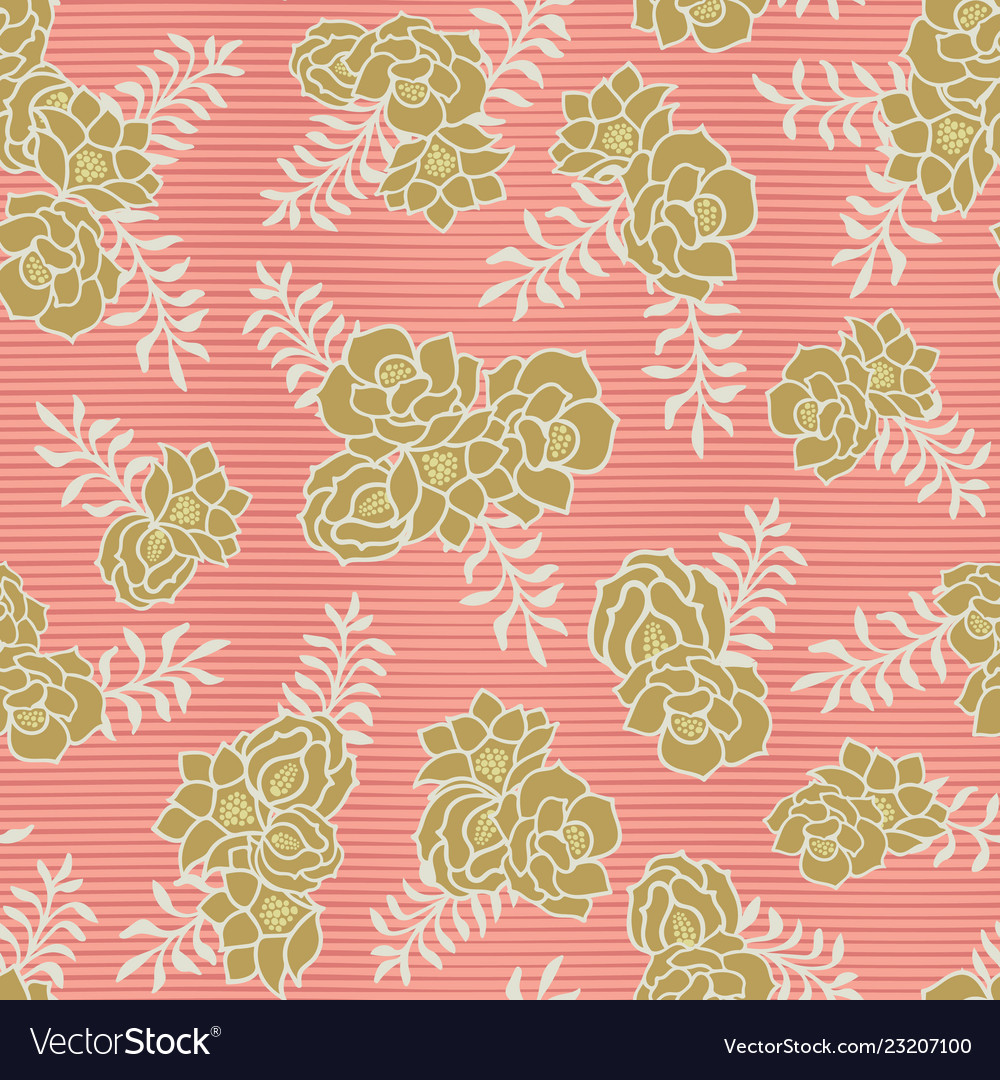 Gold floral bouquet on coral stripes seamless Vector Image