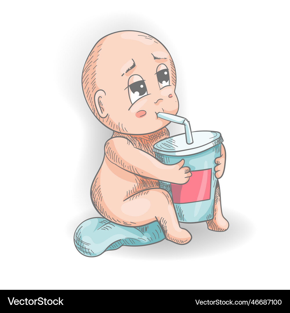 Little funny man chibi sitting drinking juice Vector Image