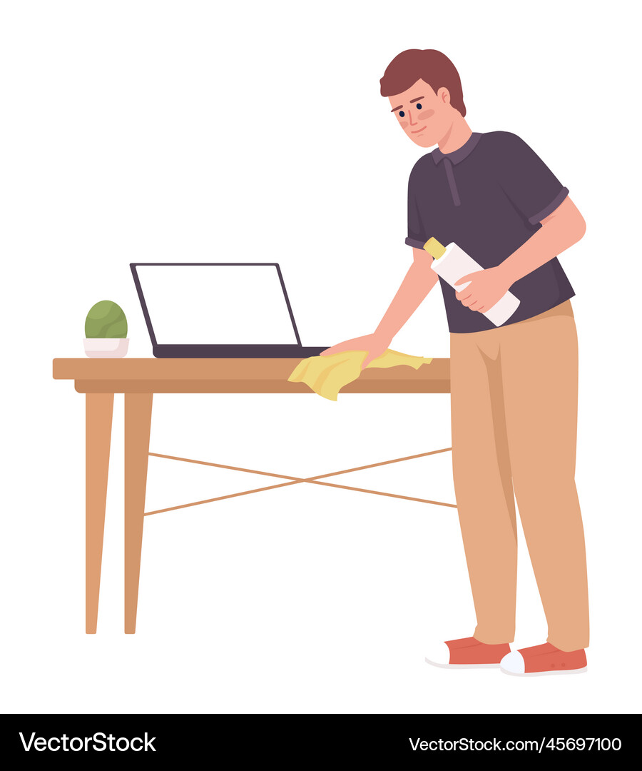 Man cleaning wooden table surface with cloth semi Vector Image