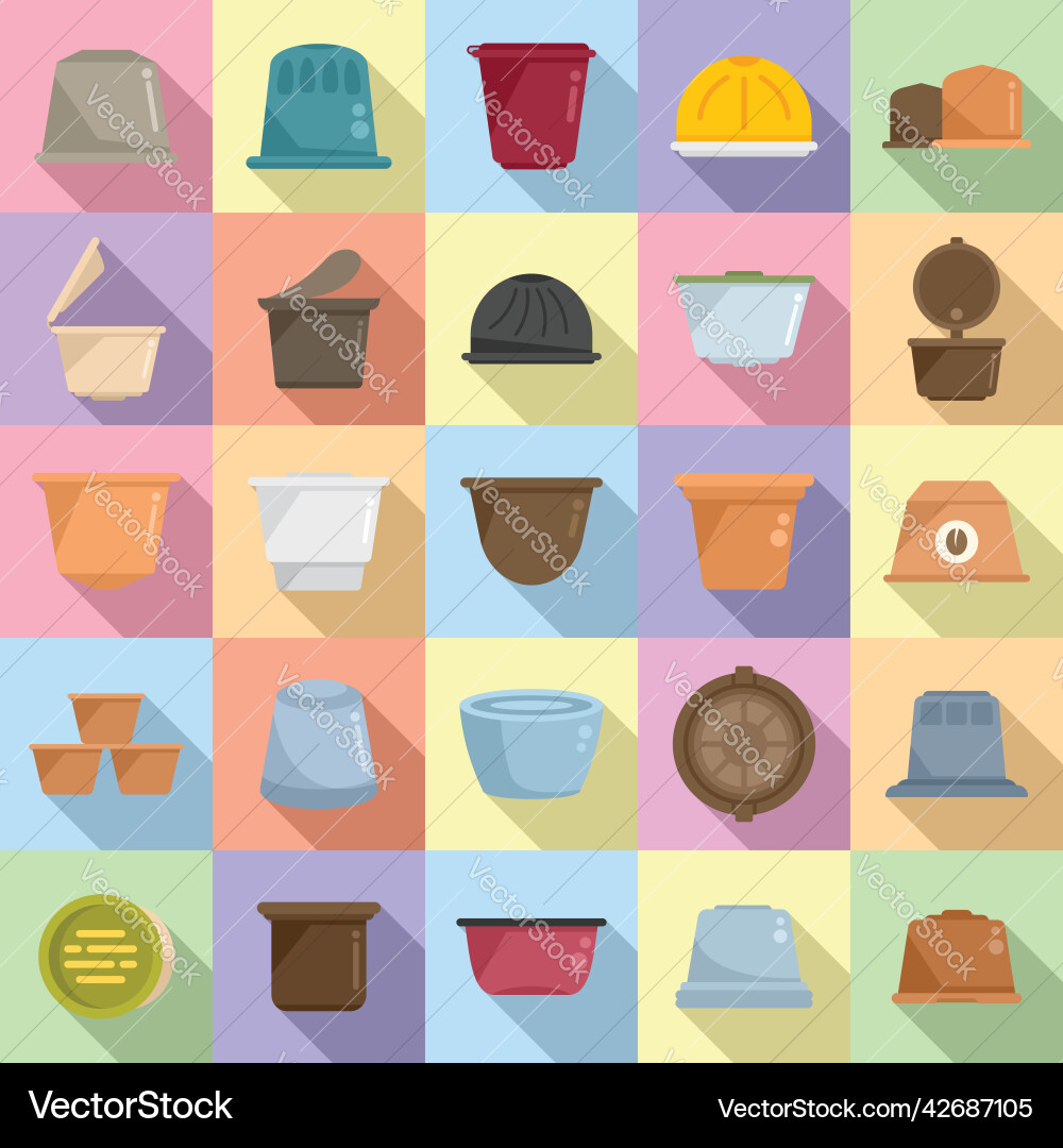 Capsule coffee icons set flat aroma pod Royalty Free Vector