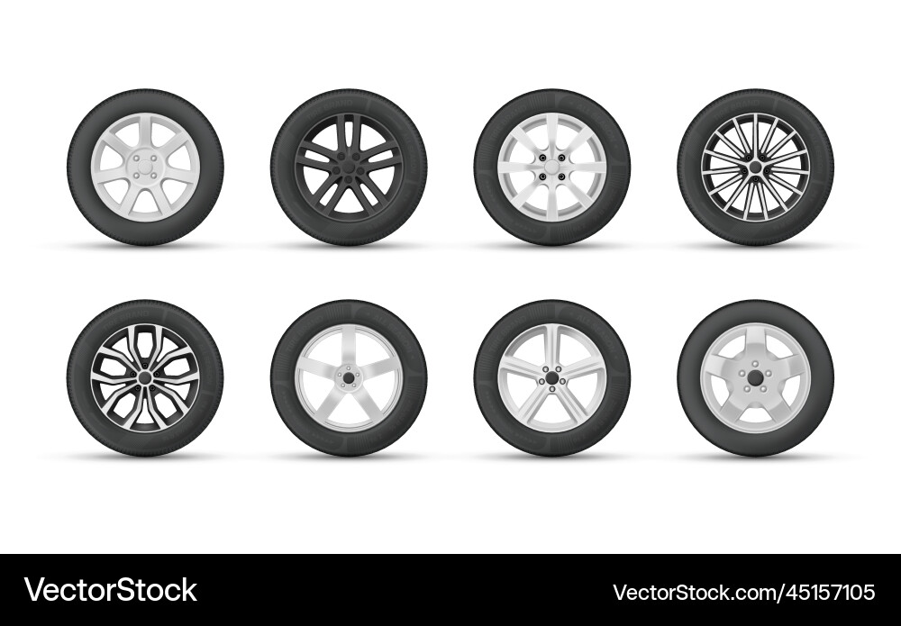 Car rims rubber wheel set side view realistic Vector Image