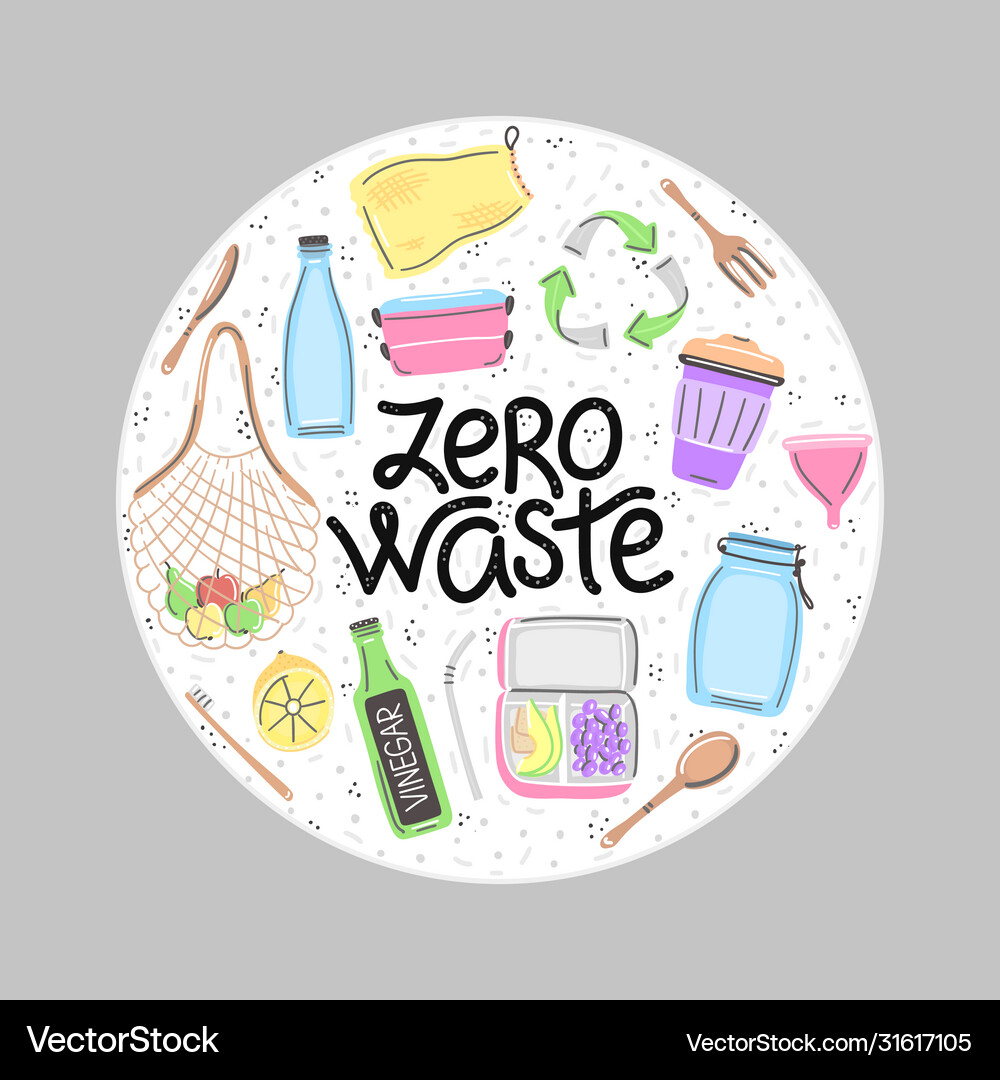 Hand drawn zero waste objects and lettering Vector Image