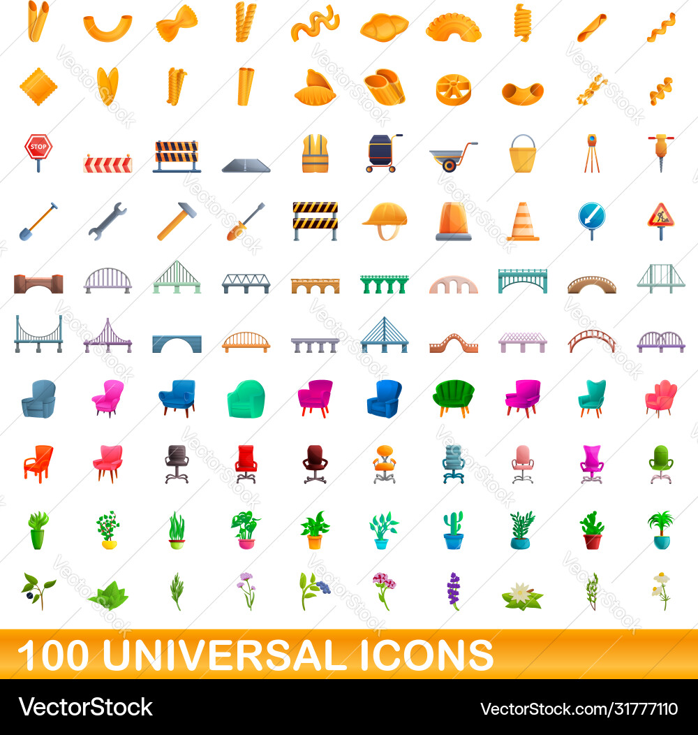 100 universal icons set cartoon style Royalty Free Vector