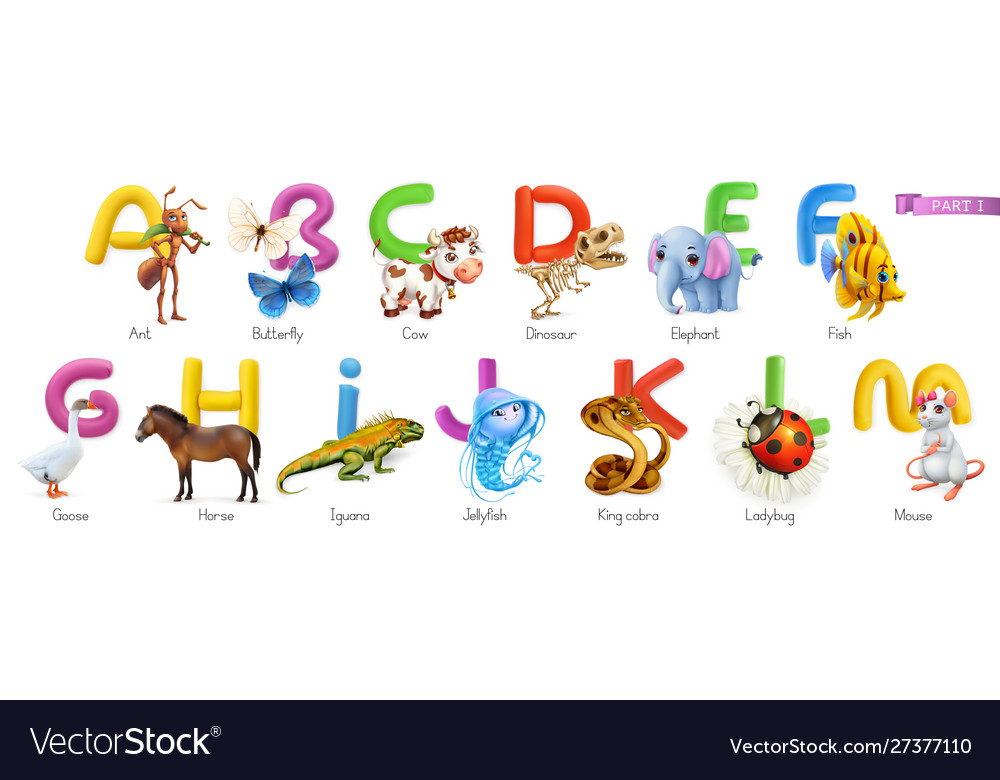 Zoo alphabet funny animals 3d icons set letters Vector Image