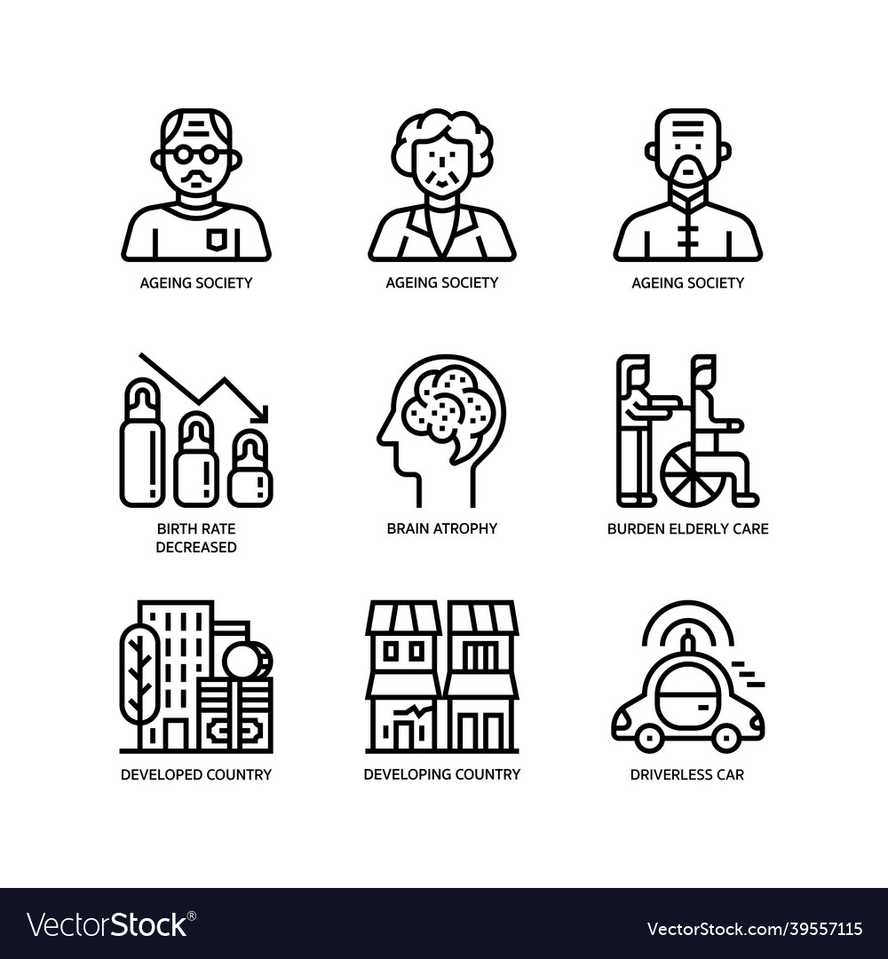 Ageing society icons set Royalty Free Vector Image