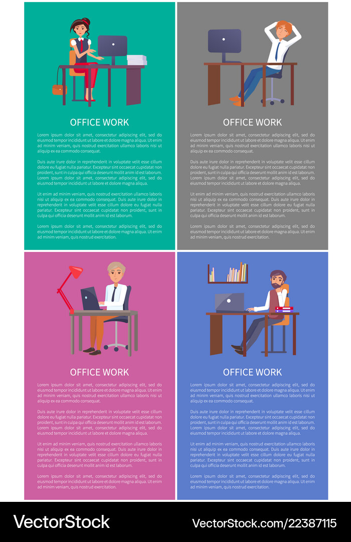 Office work banners set men women working tables Vector Image