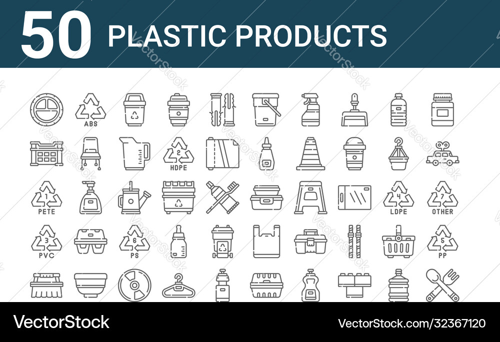 Set 50 plastic products icons outline thin Vector Image