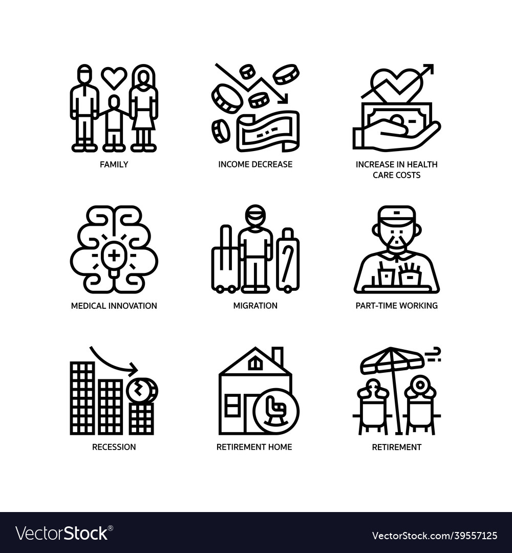 Ageing society icons set Royalty Free Vector Image