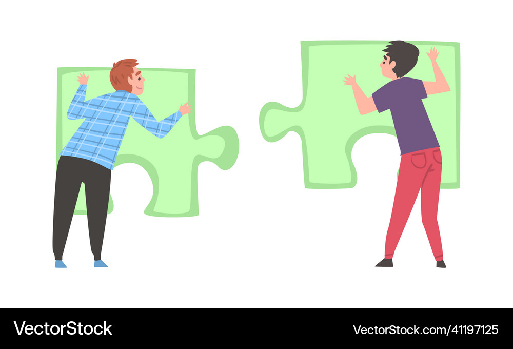 Back view of young man solving jigsaw puzzle Vector Image