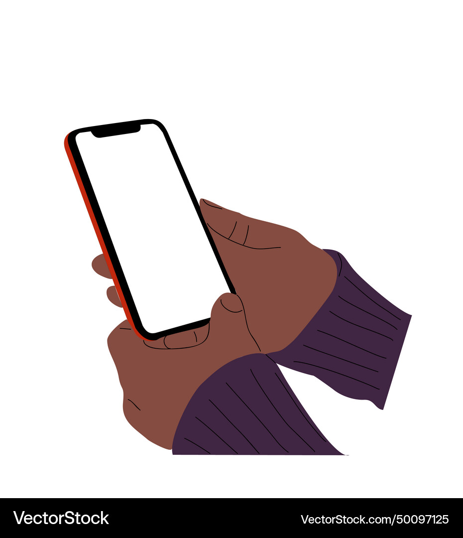 Black hands holding mobile phone mockup Royalty Free Vector