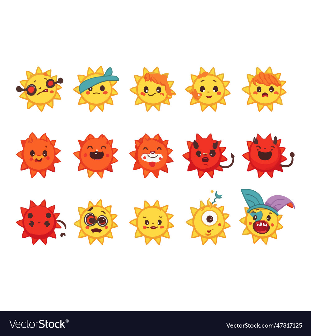 Collection of cute summer sun emoji Royalty Free Vector