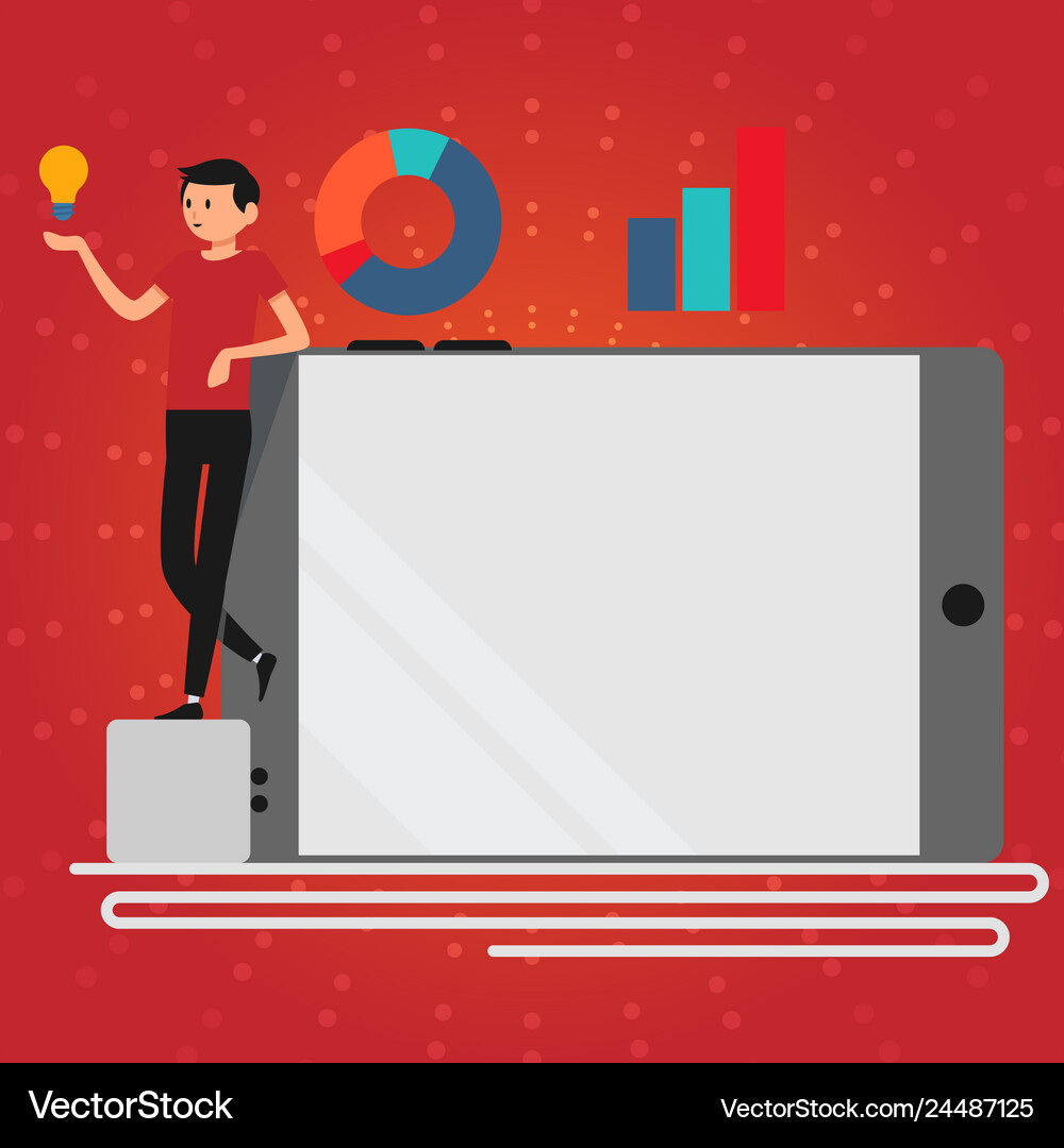 Man standing on box and leaning on tablet turned Vector Image