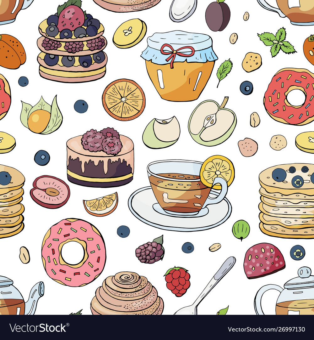 Seamless pattern with different breakfast elements