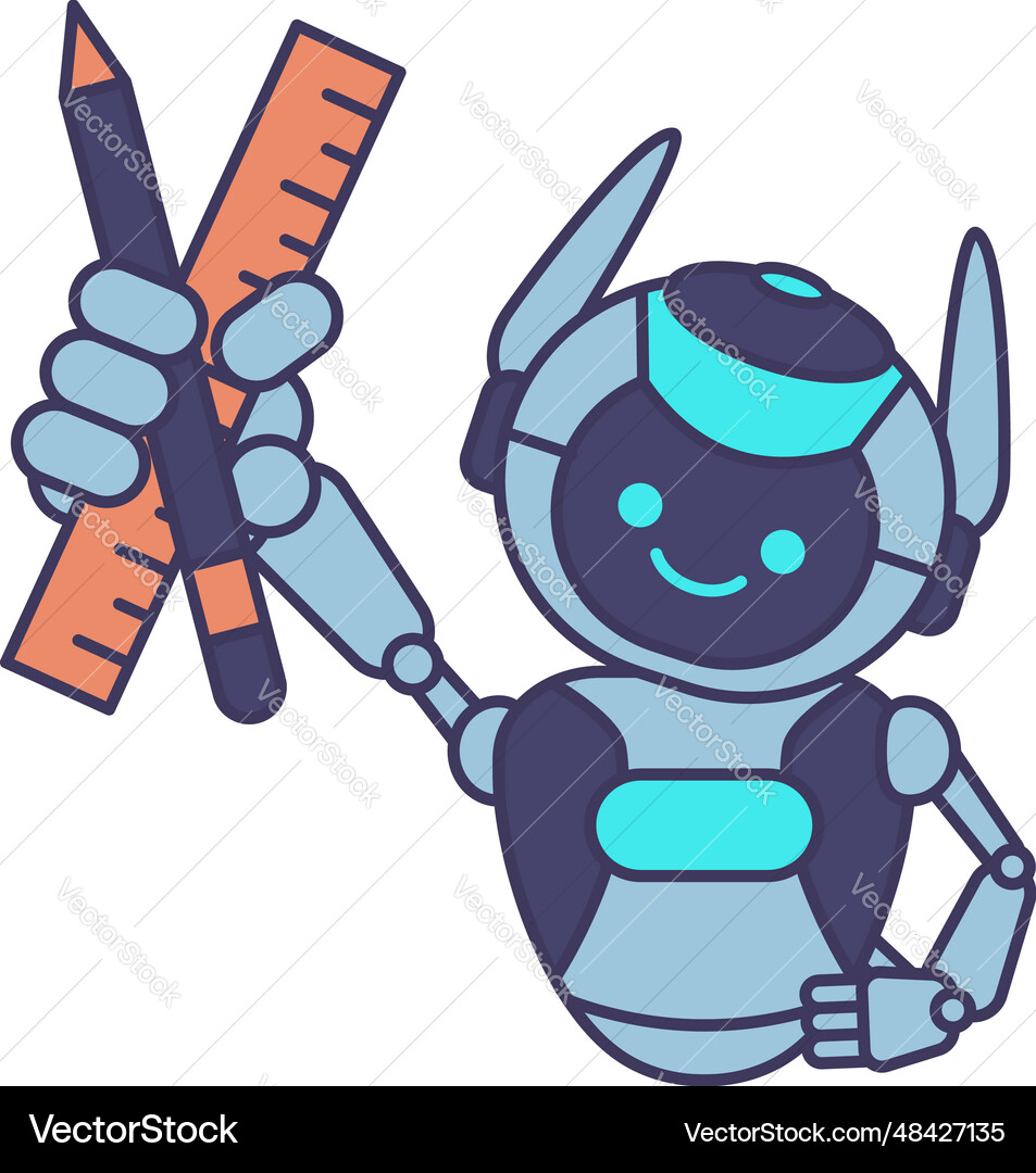 Robot mascot holding pencil and ruler Royalty Free Vector