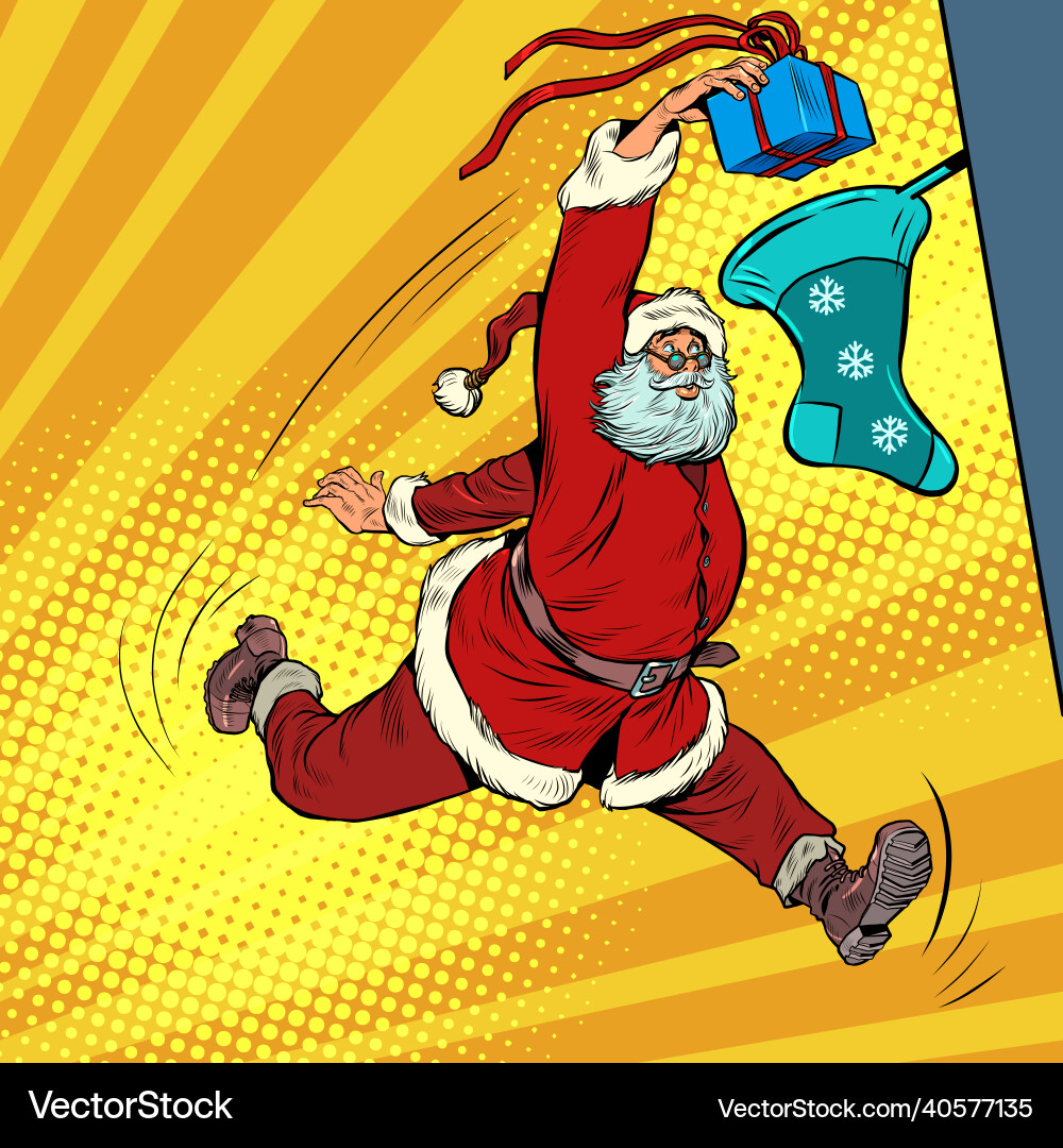 Santa claus throws a gift into a christmas sock Vector Image