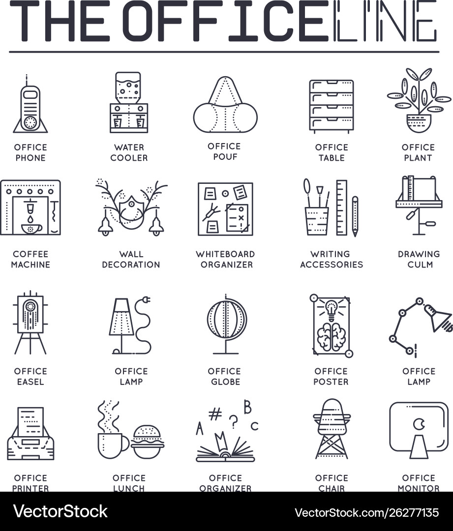 Set office interior thin line icons pictograms Vector Image
