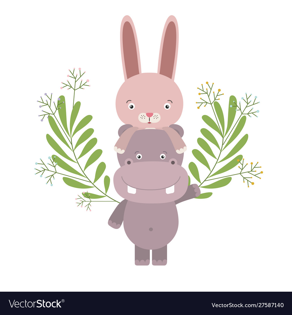 Cute little hippo and rabbit with wreath crown Vector Image
