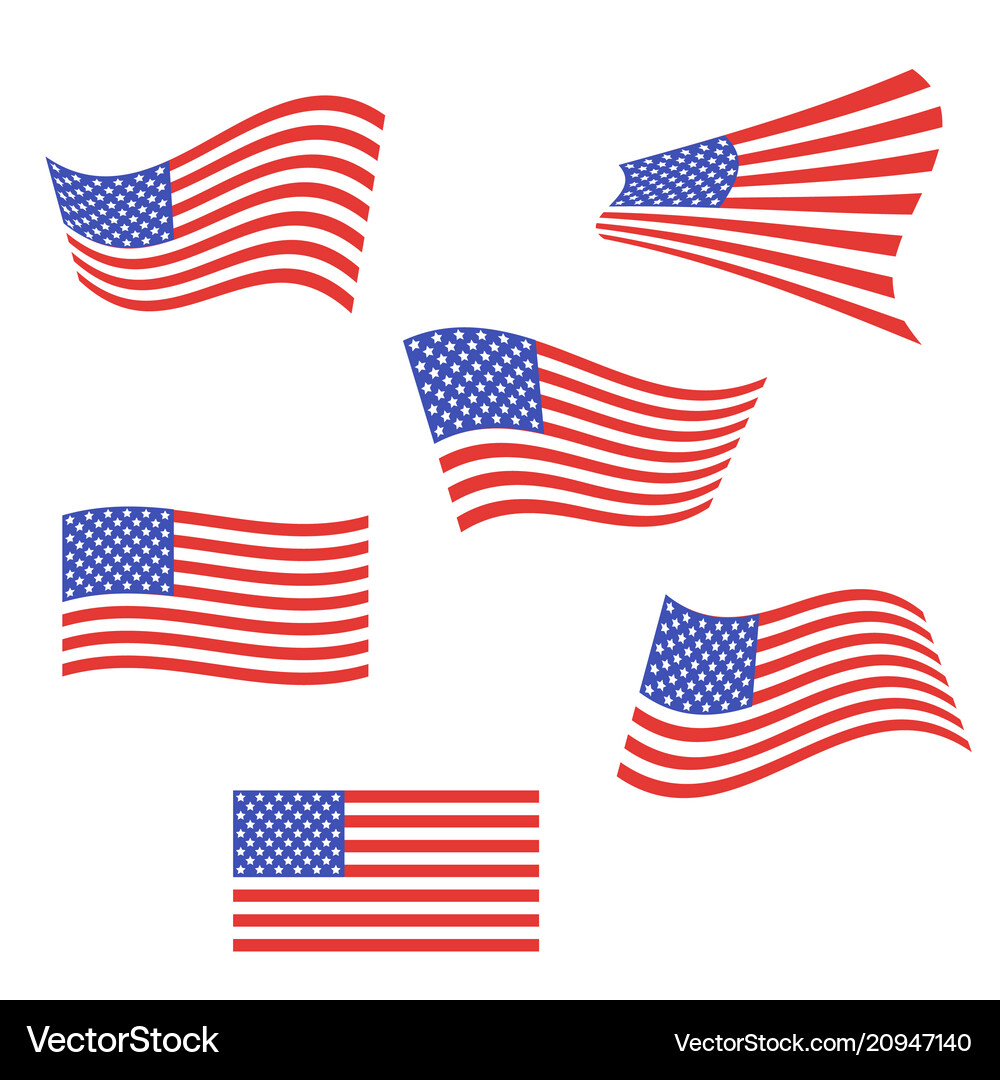 Set of american flags us are flapping Royalty Free Vector