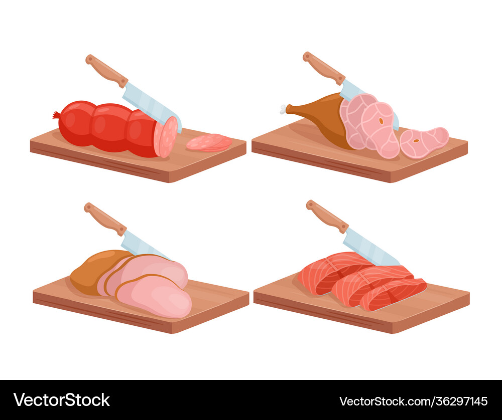 Cut meat and fish isometric set chef knife Vector Image