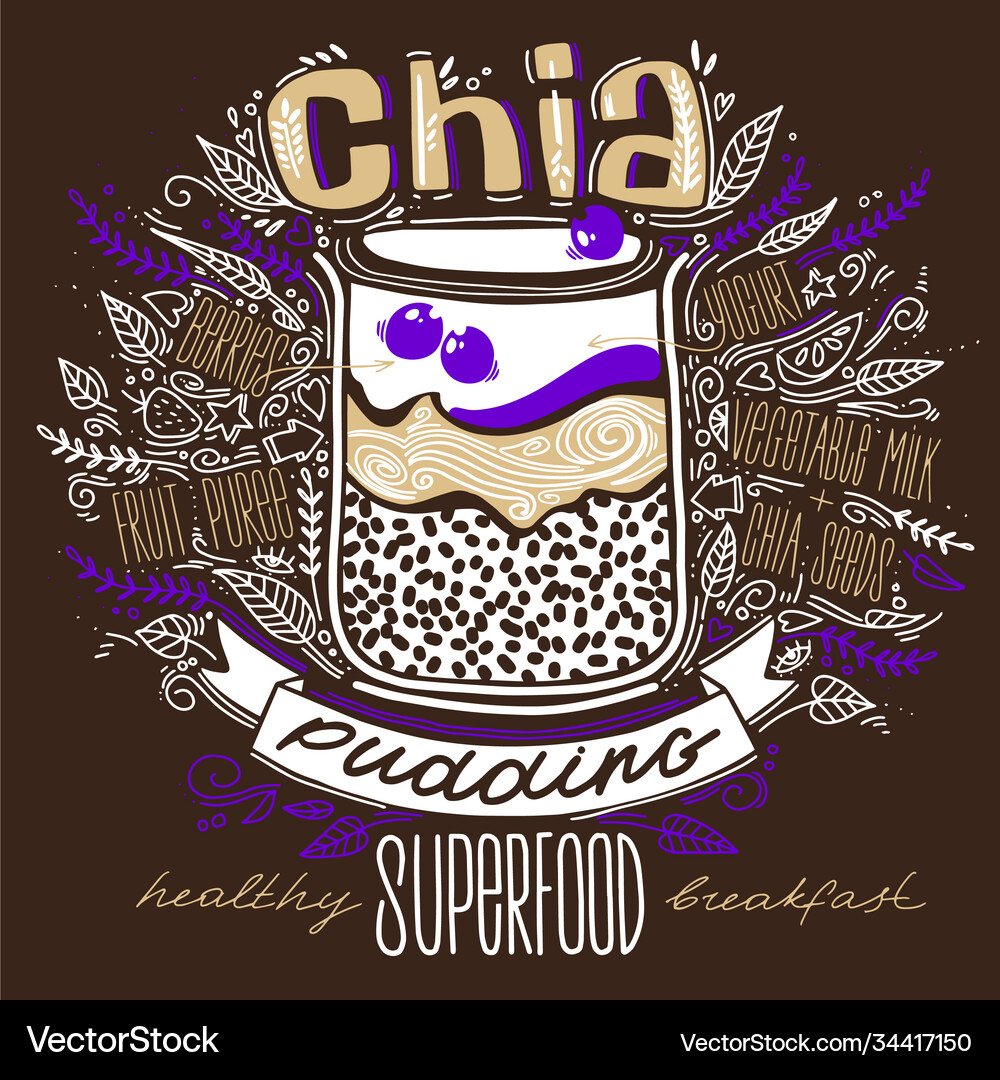 Chia pudding in a glass doodle style Royalty Free Vector