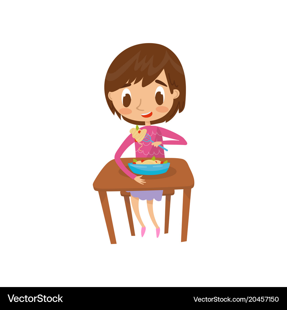 Cute girl eating spaghetti with fork Royalty Free Vector