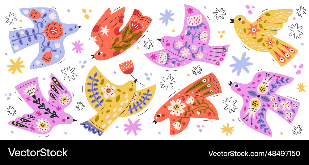 Folk art ornament pattern bird flying high Vector Image