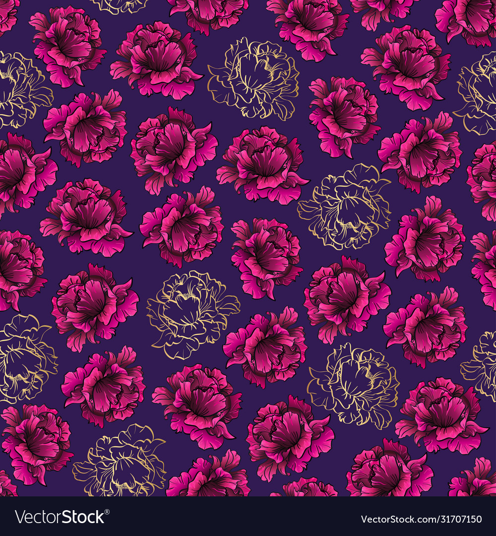 Seamless pattern with pink peony flowers on violet