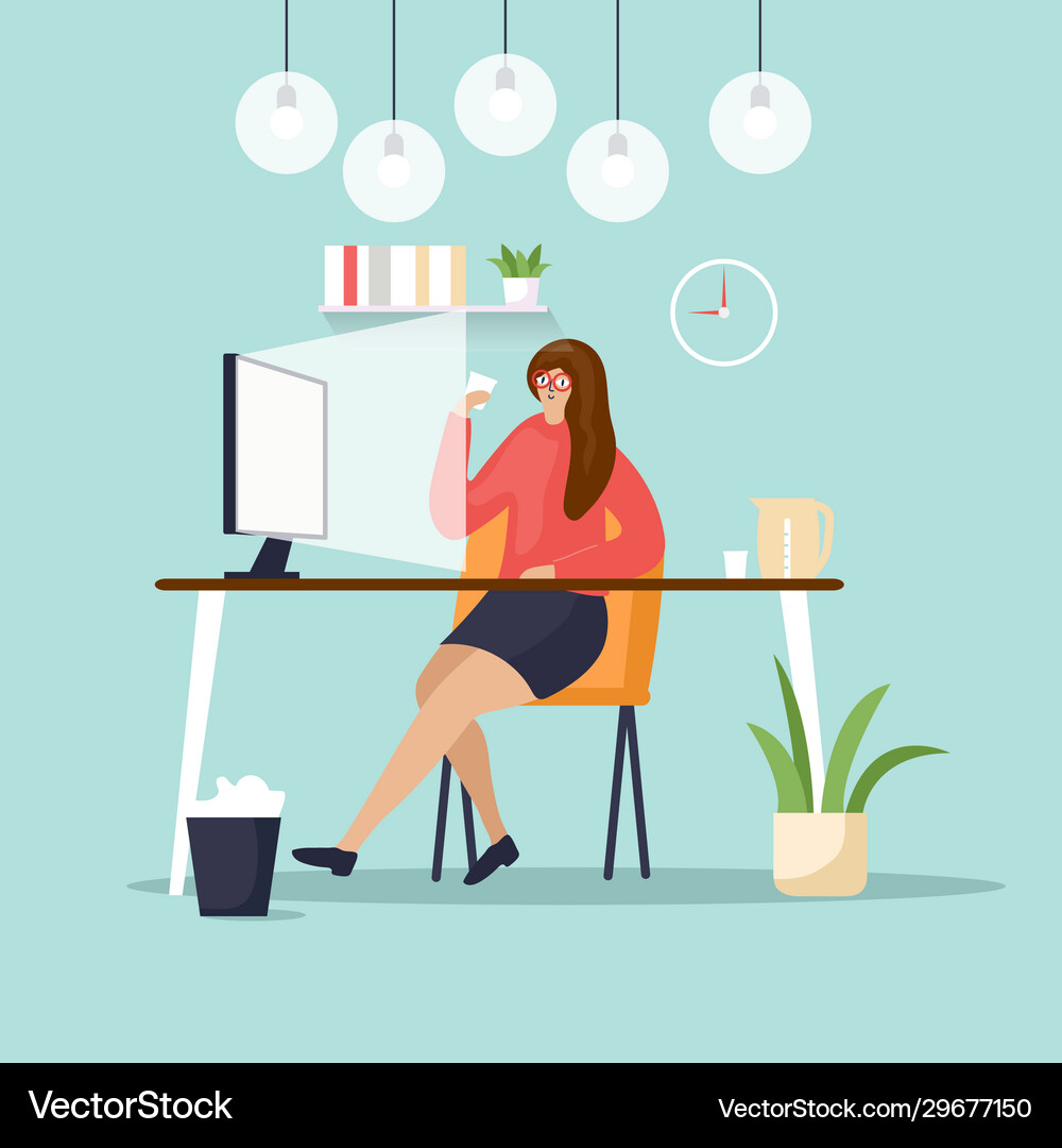 Woman sits at computer on a white background Vector Image