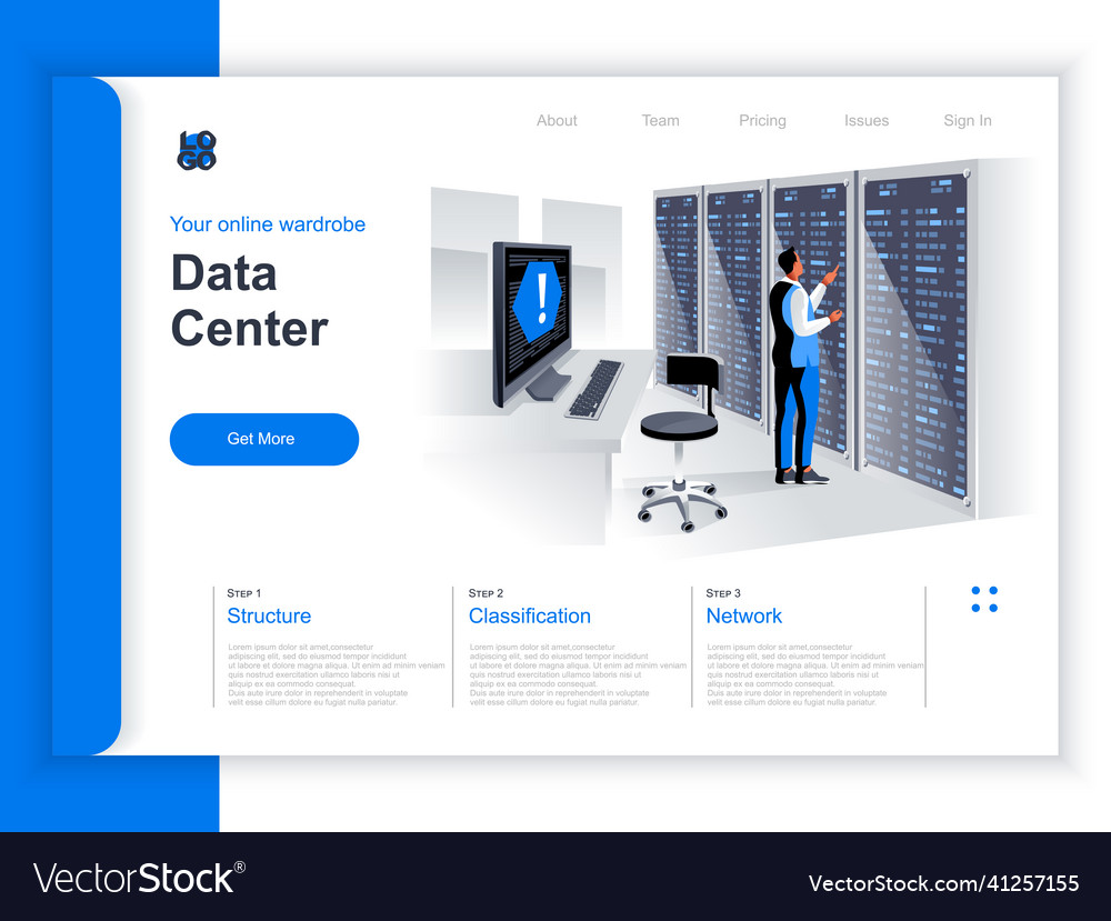 Data center isometric landing page it engineer Vector Image