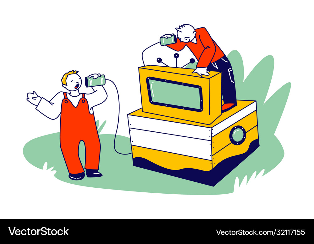 Kids characters speaking retro deaf phone Vector Image