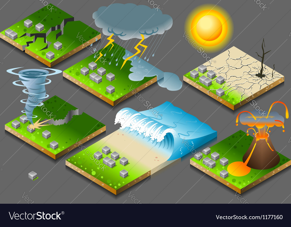 Isometric natural disasters on button flag Vector Image Isometric natural disasters on button flag Vector Image