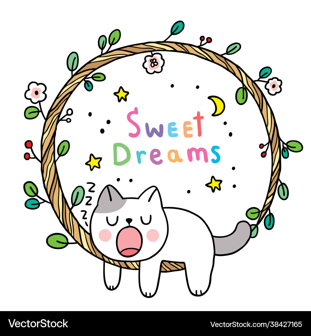 Cartoon cute cat sleppy in circle frame leaves vec