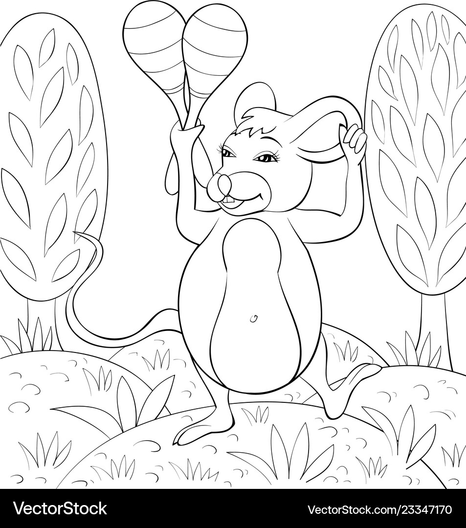 A children coloring bookpage cute playing mouse Vector Image