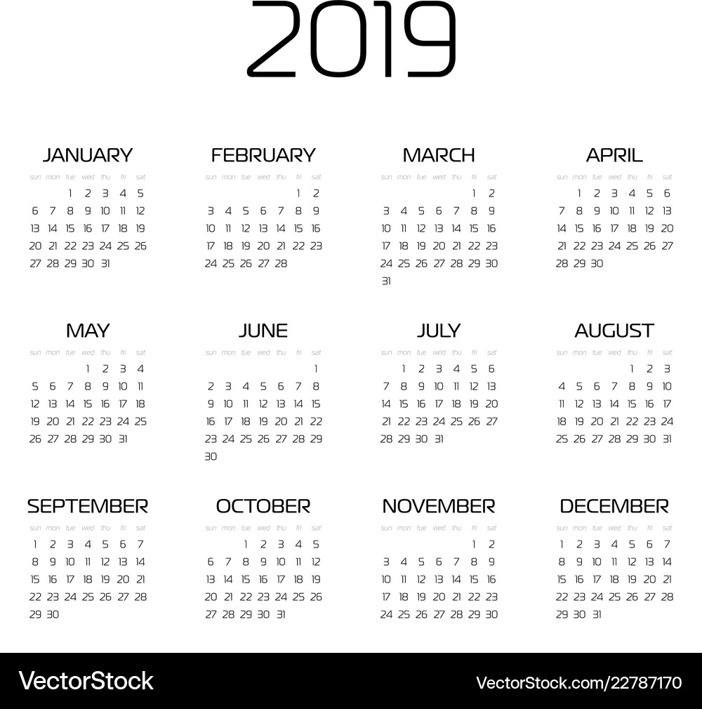 Calendar - year 2019 week starts from Royalty Free Vector