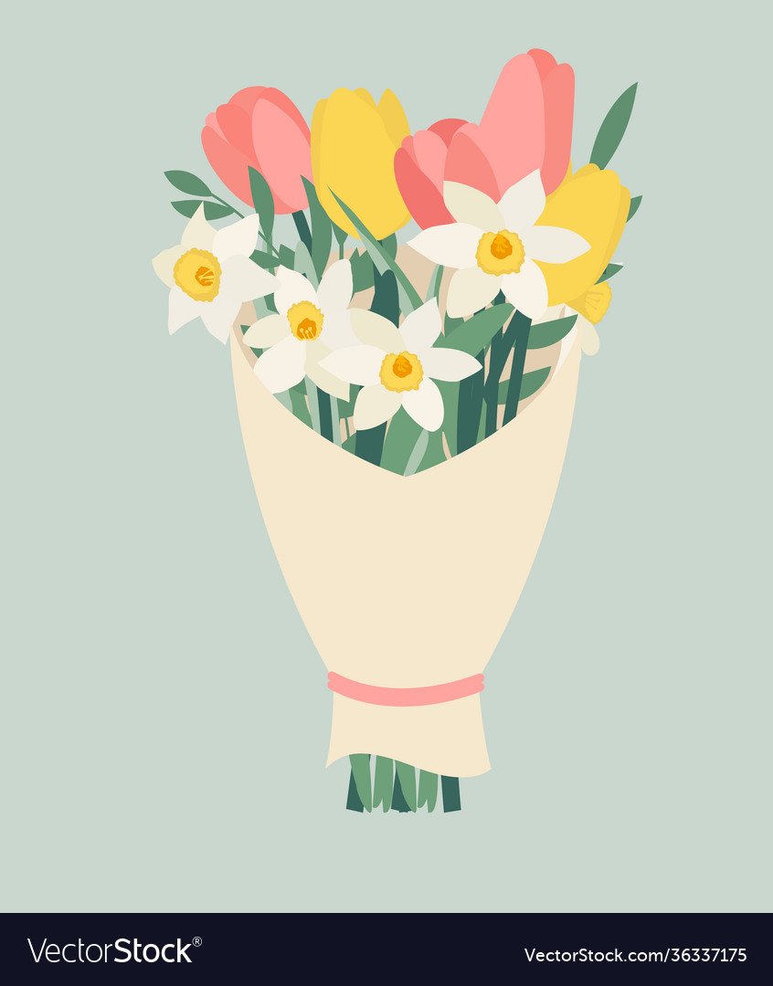 Bouquet spring flowers tulips and daffodils Vector Image